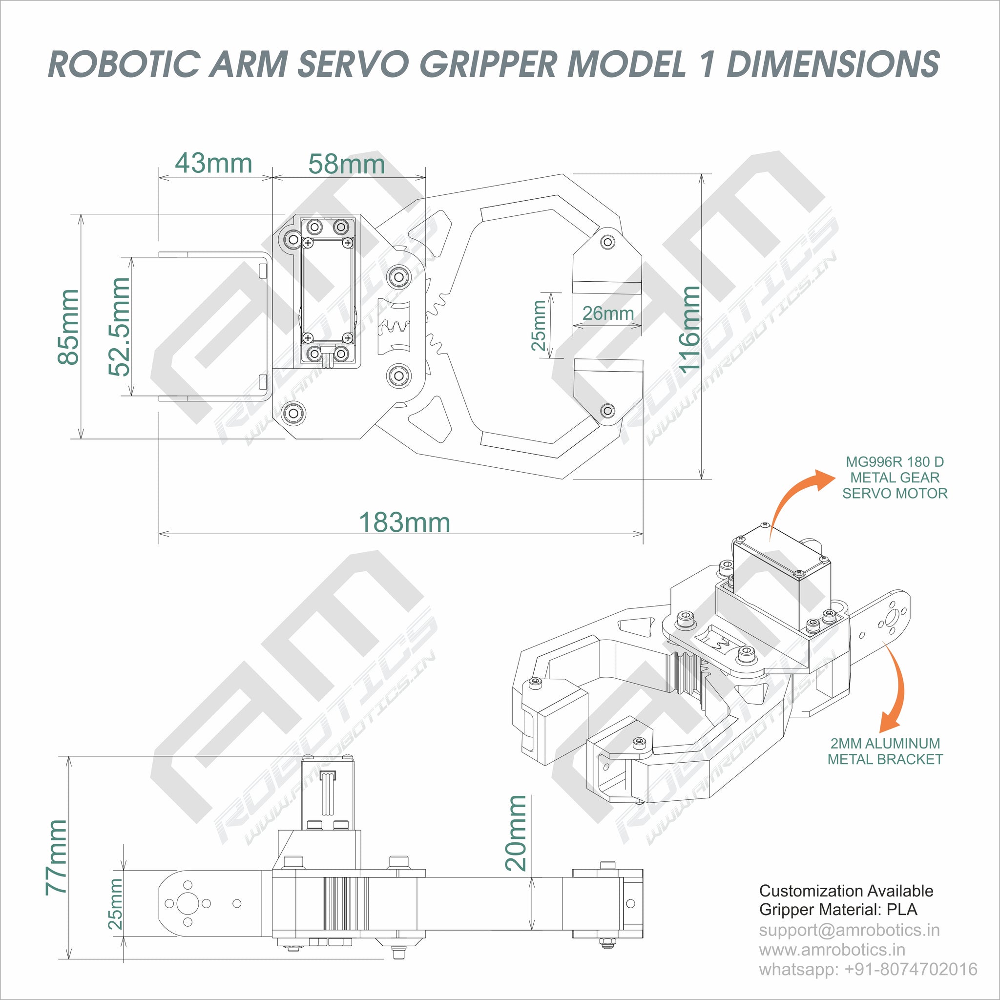 3D Printed Robotic Arm Gripper with MG996R Servo Motor Mount Model 1 ...