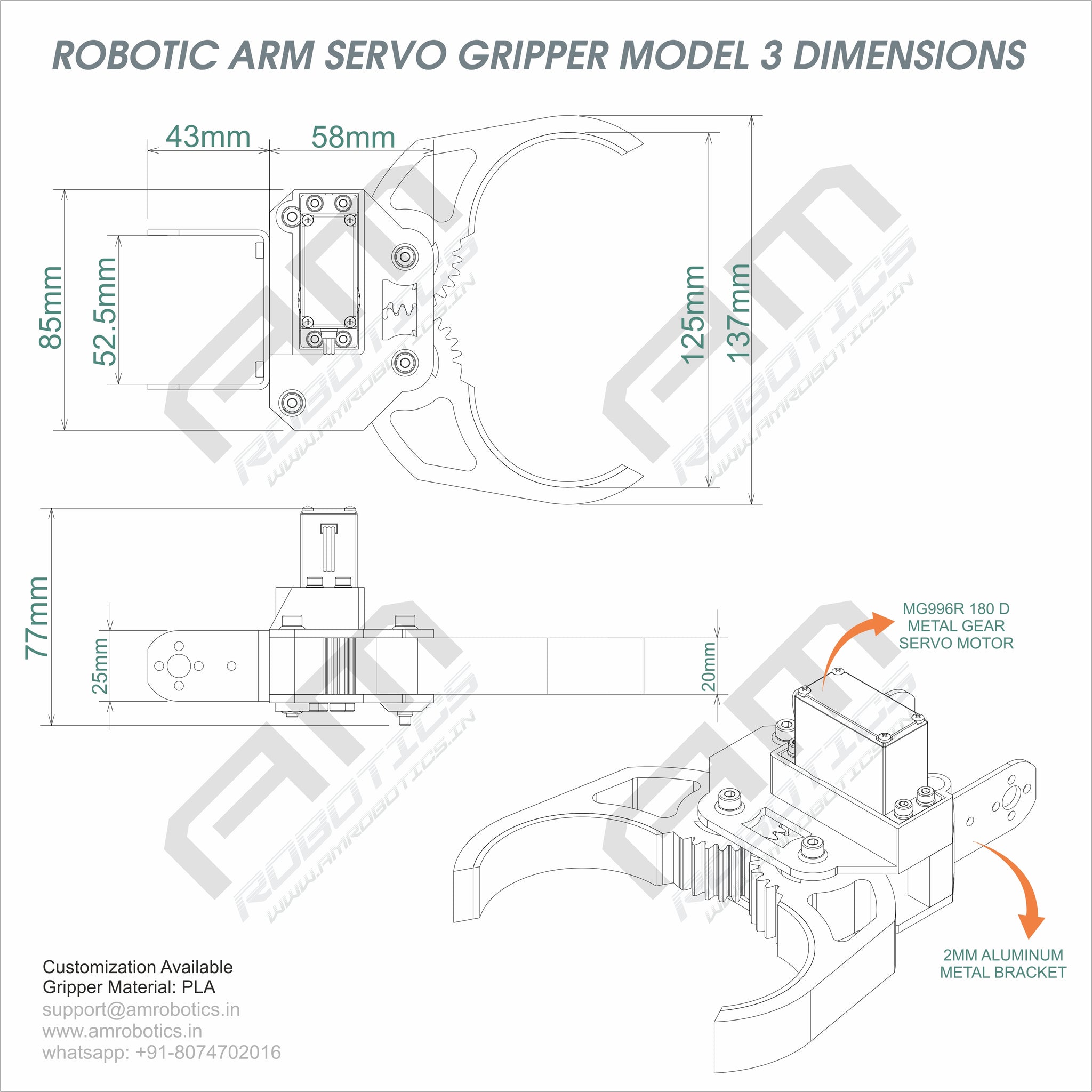 3D Printed Robotic Arm Gripper with MG996R Servo Motor Mount Model 3 ...